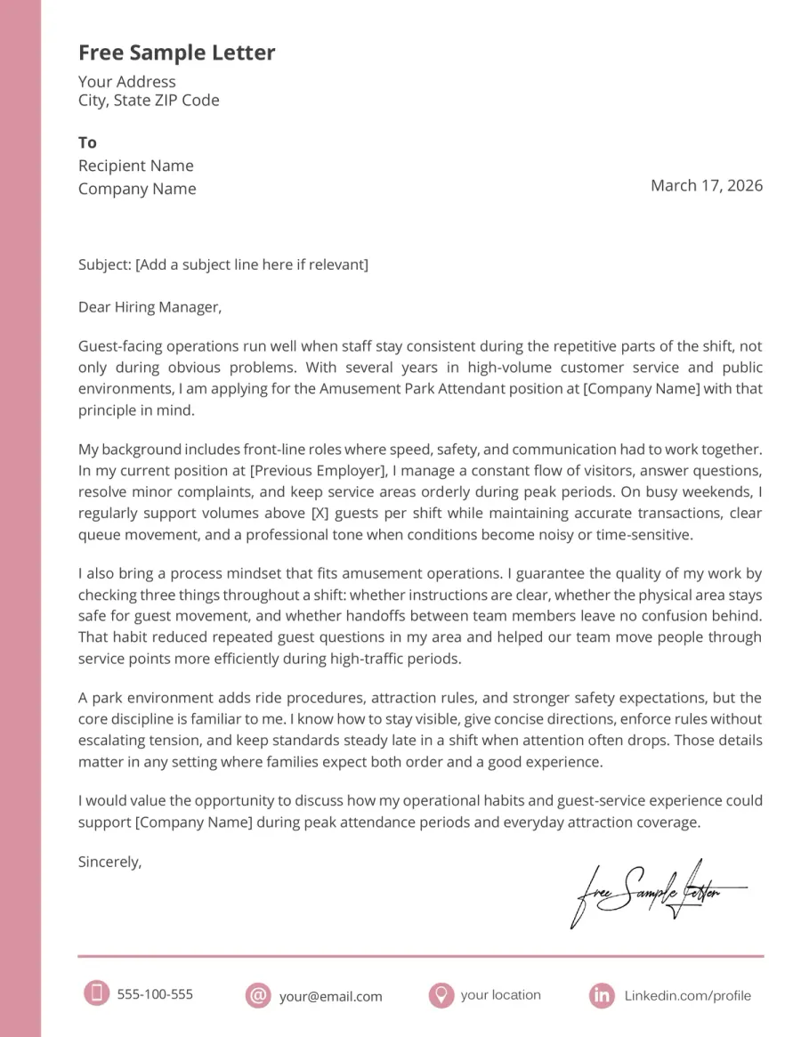 Amusement Park Attendant Cover Letter - Free Samples